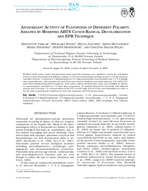 Pdf Antioxidant Activity Of Flavonoids Of Different Polarity Assayed By Modified Abts Cation