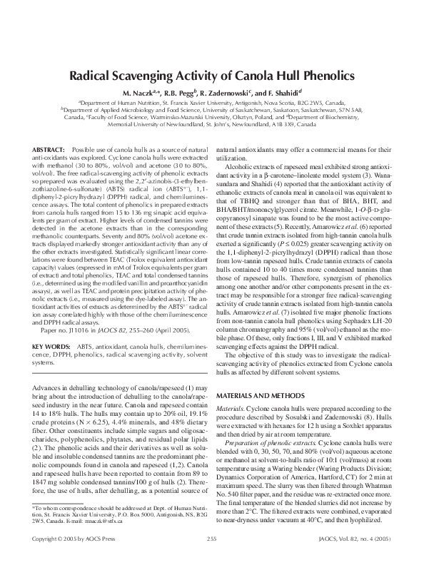 (PDF) Radical scavenging activity of canola hull phenolics