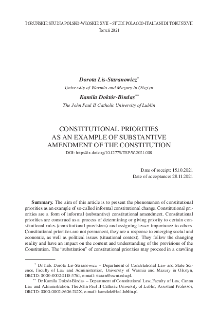 (PDF) Constitutional priorities as an example of substantive amendment ...
