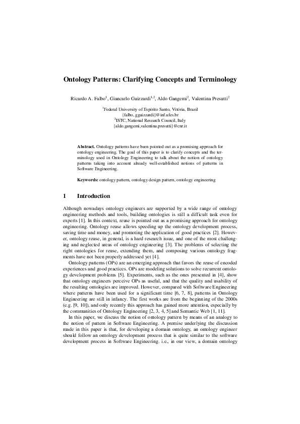 (PDF) Ontology patterns: clarifying concepts and terminology | Giancarlo Guizzardi - Academia.edu