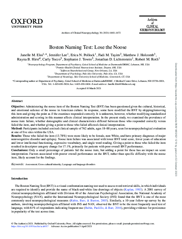 (PDF) Boston Naming Test: Lose the Noose
