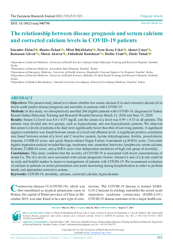 (PDF) The relationship between disease prognosis and serum calcium and ...