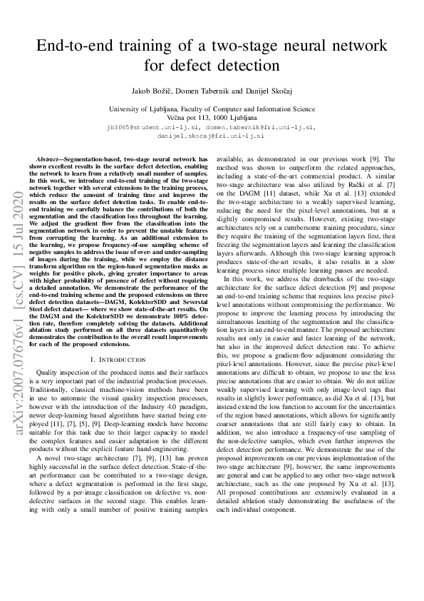 (PDF) End-to-end training of a two-stage neural network for defect detection