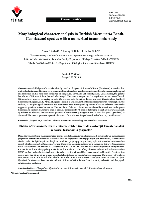 (PDF) Morphological character analysis in Turkish Micromeria Benth ...