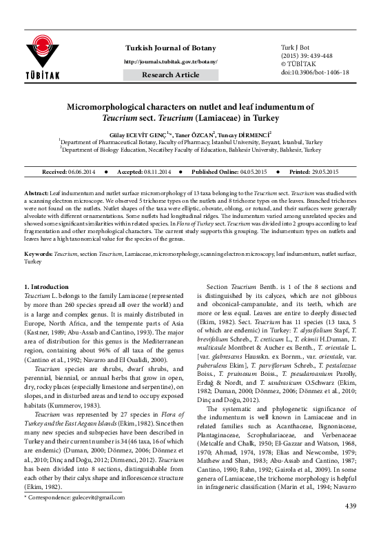 (PDF) Micromorphological characters on nutlet and leaf indumentum ofTeucrium sect. Teucrium ...