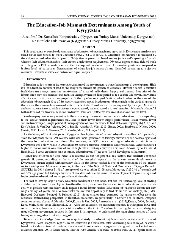 (PDF) The Education-Job Mismatch Determinants Among Youth of Kyrgyzstan