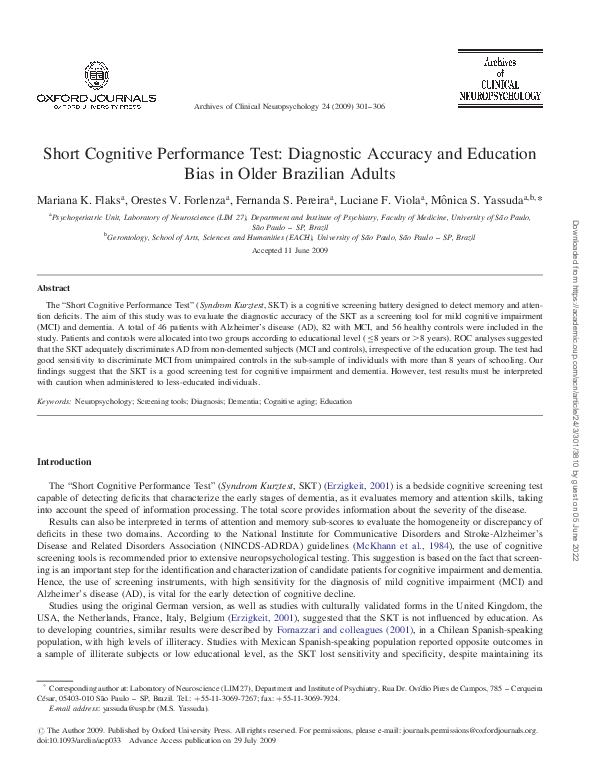 (PDF) Short Cognitive Performance Test: Diagnostic Accuracy and ...