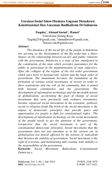 (PDF) Gerakan Sosial Islam diantara Gagasan Demokrasi Konstitusional dan Ancaman Radikalisme di ...