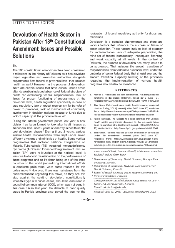 (PDF) Devolution of Health Sector in Pakistan After 18th Constitutional ...