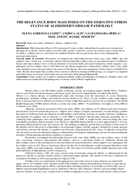 (PDF) The relevance body mass index on the oxidative stress status of Alzheimer’s disease pathology