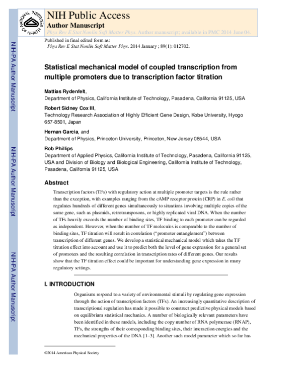 (PDF) Statistical mechanical model of coupled transcription from multiple promoters due to ...