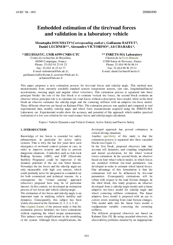 (PDF) Embedded Estimation of the Tire/Road Forces and Validation in a Laboratory Vehicle