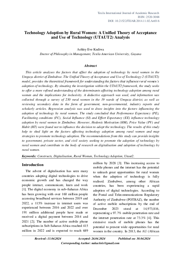 Pdf Technology Adoption By Rural Women A Unified Theory Of Acceptance And Use Of Technology