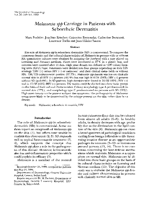 (PDF) Malassezia spp Carriage in Patients with Seborrheic Dermatitis