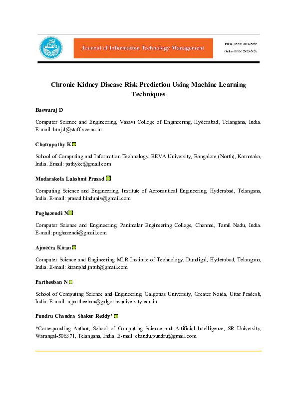 (PDF) Chronic Kidney Disease Risk Prediction Using Machine Learning Techniques
