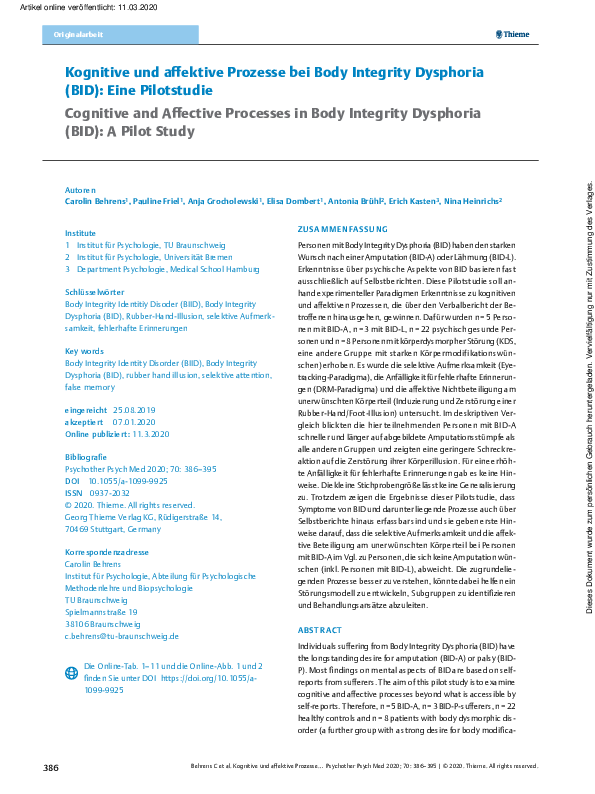 (PDF) Kognitive und affektive Prozesse bei Body Integrity Dysphoria ...