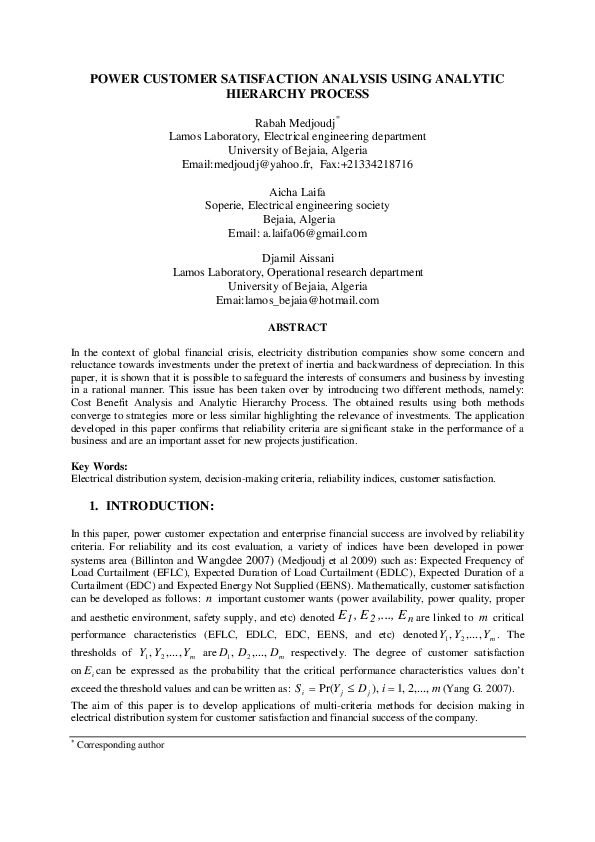 (PDF) Power Customer Satisfaction Analysis Using Analytic Hierarchy Process (PDF) Power Customer Satisfaction Analysis Using Analytic Hierarchy Process