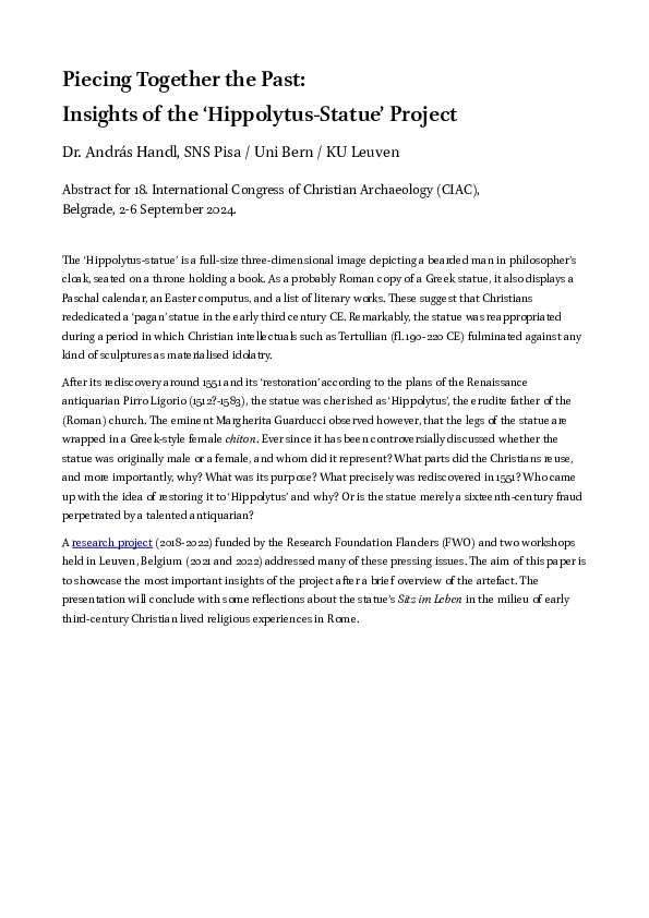 (PDF) Piecing Together the Past: Insights of the 'Hippolytus-Statue ...
