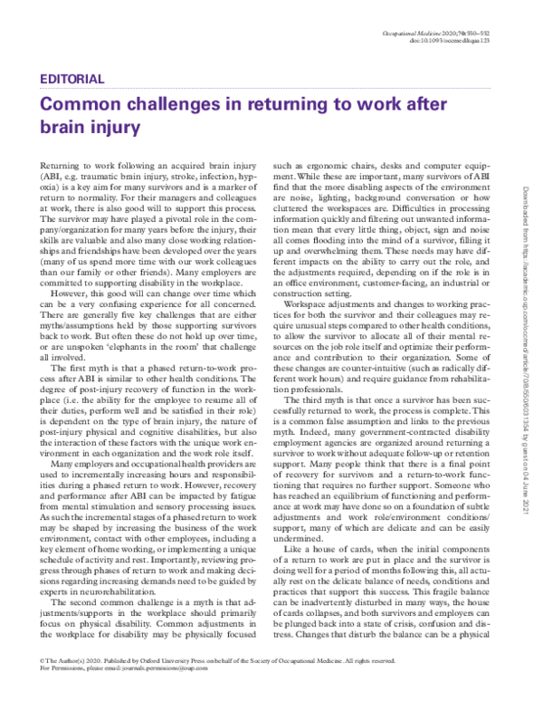 (PDF) Common challenges in returning to work after brain injury