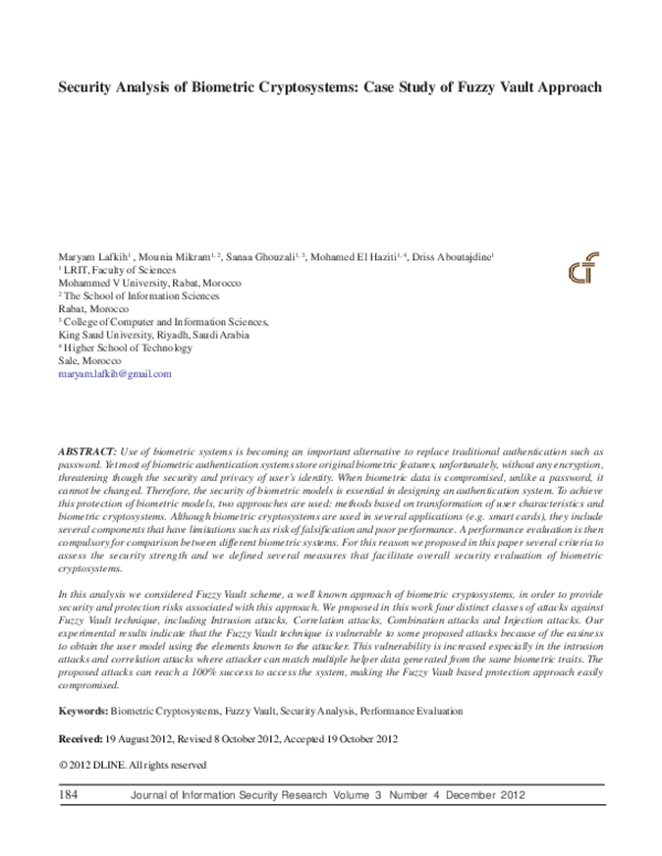 (PDF) Security Analysis of Biometric Cryptosystems : Case Study of Fuzzy Vault Approach