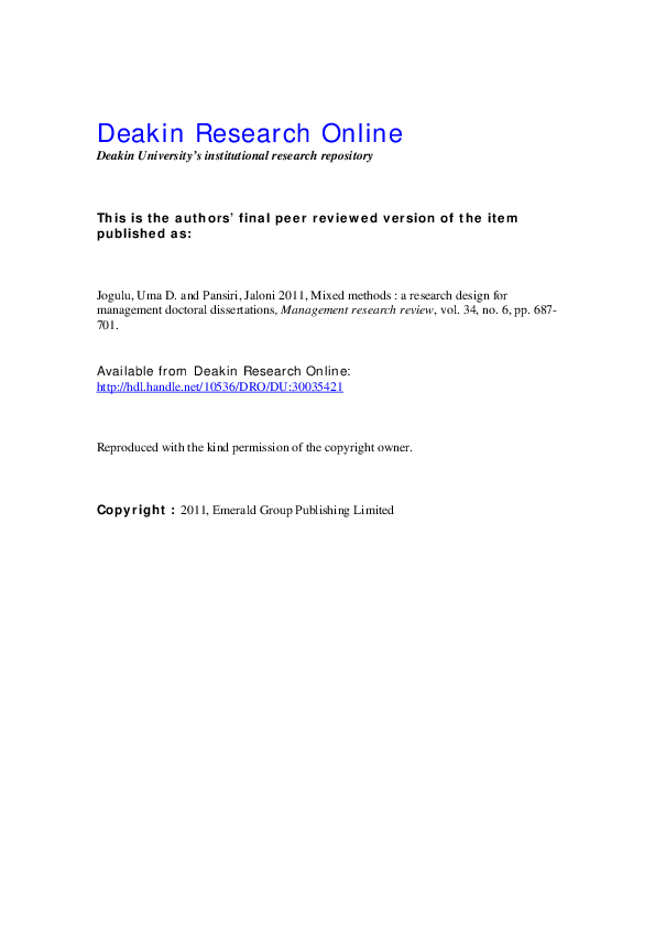 (PDF) Mixed methods: a research design for management doctoral dissertations