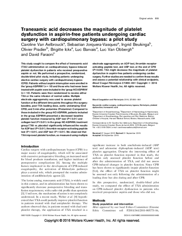 (PDF) Tranexamic acid decreases the magnitude of platelet dysfunction ...
