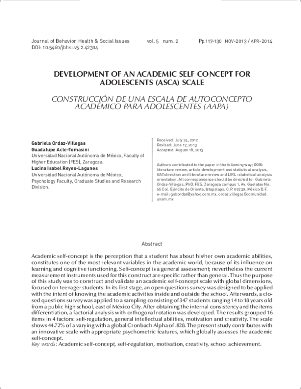 (PDF) Development of an academic self concept for adolescents (ASCA) scale