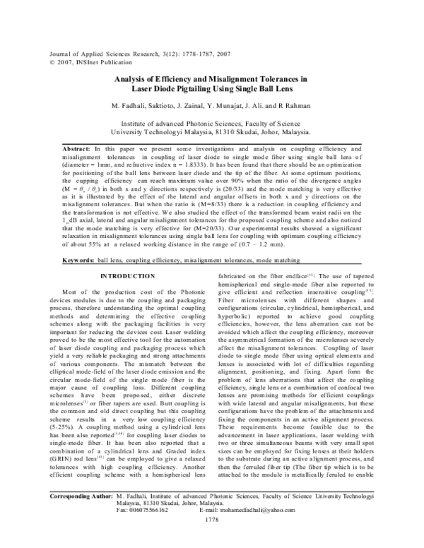 (PDF) Analysis of Efficiency and Misalignment Tolerances In Laser Diode Pigtailing Using Single ...