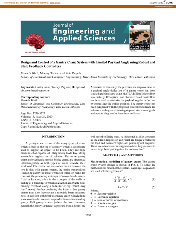 (PDF) Design and Control of a Gantry Crane System with Limited Payload Angle using Robust and ...