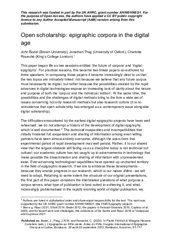 (PDF) Open scholarship: epigraphic corpora in the digital age