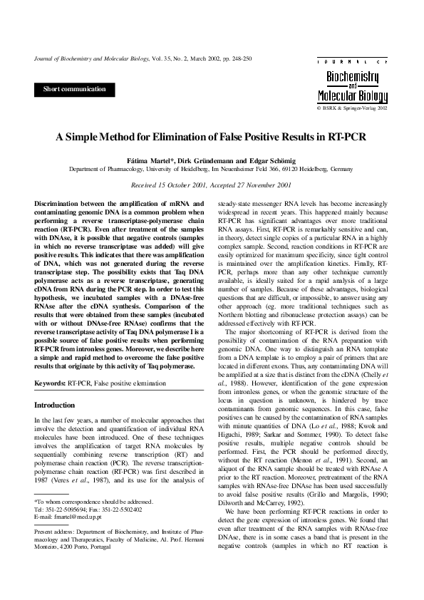 (PDF) A Simple Method for Elimination of False Positive Results in RT-PCR