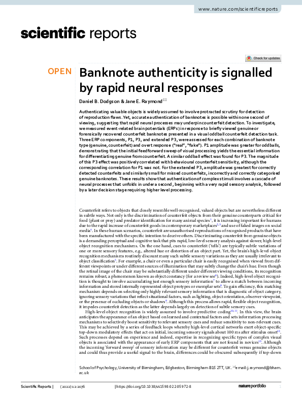 (PDF) Banknote authenticity is signalled by rapid neural responses