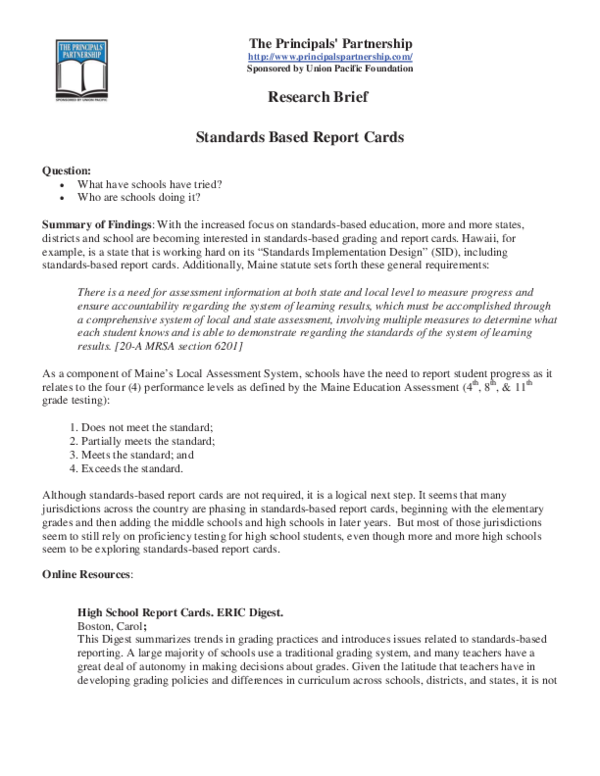 (PDF) Standards Based Report Cards. Research Brief