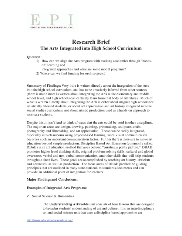 (PDF) The Arts Integrated into High School Curriculum. Research Brief ...
