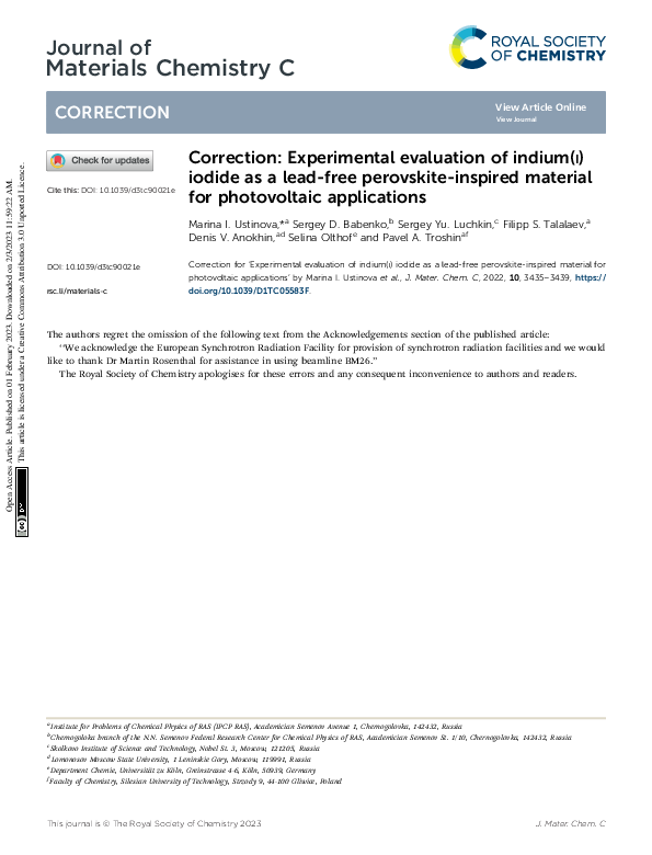 (PDF) Correction: Experimental evaluation of indium(i) iodide as a lead ...