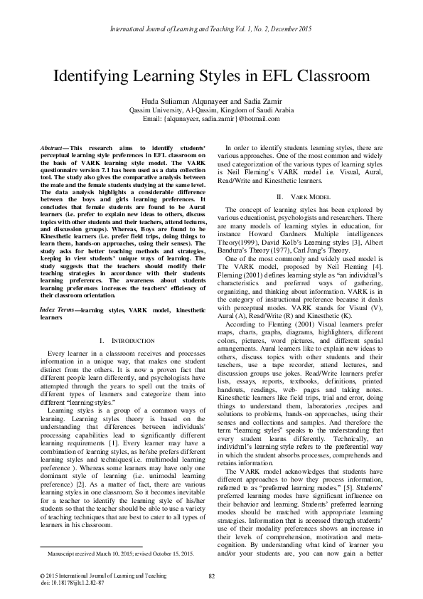 (PDF) Identifying Learning Styles in EFL Classroom