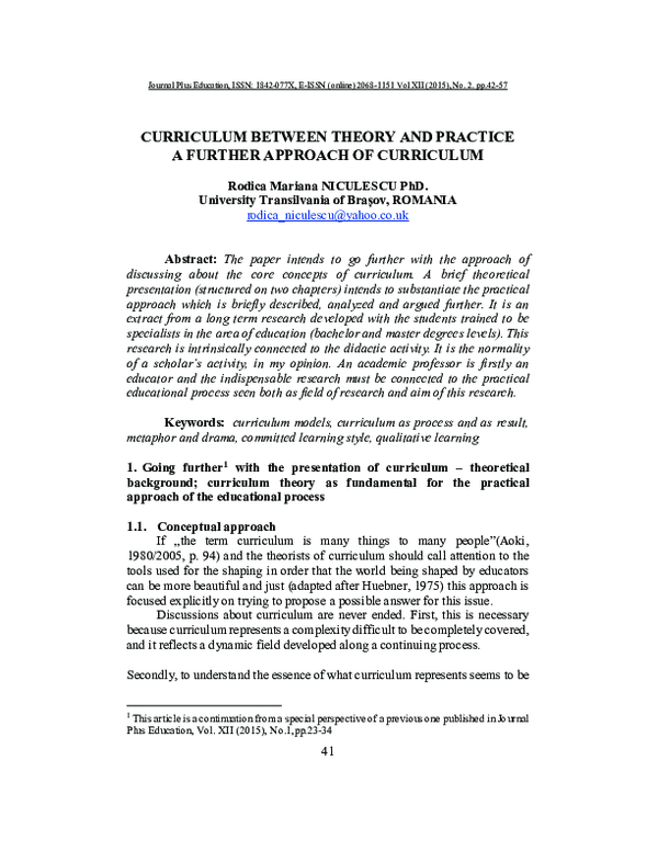 (PDF) Curriculum Between Theory and Practice a Further Approach of Curriculum