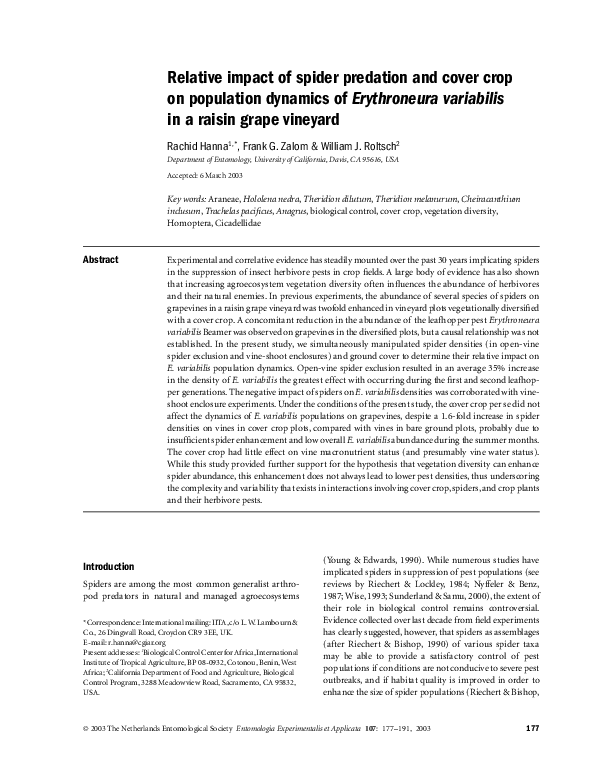 (PDF) Relative impact of spider predation and cover crop on population ...