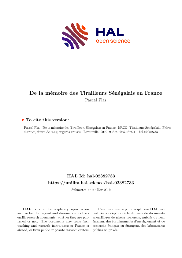 (PDF) De la mémoire des Tirailleurs Sénégalais en France