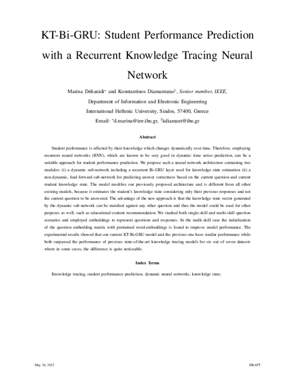 (PDF) KT-Bi-GRU: Student Performance Prediction with a Recurrent Knowledge Tracing Neural Network