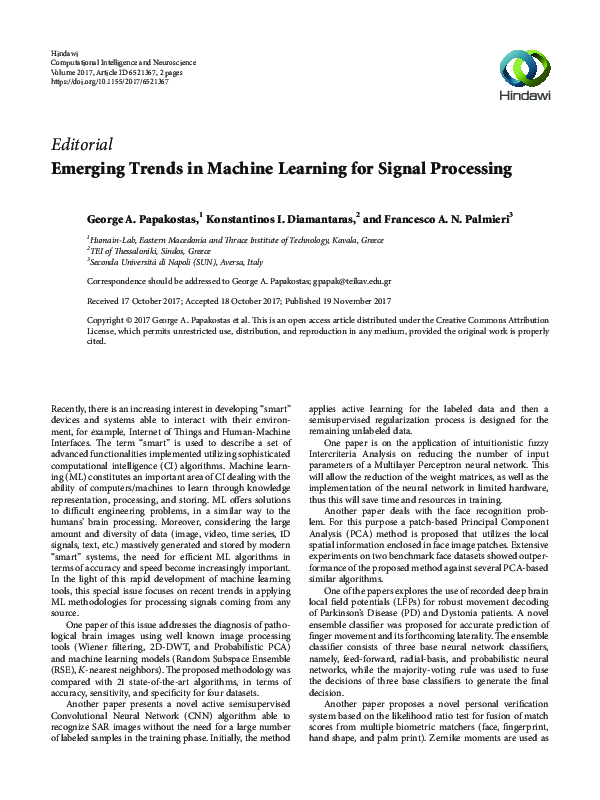 (PDF) Emerging Trends in Machine Learning for Signal Processing