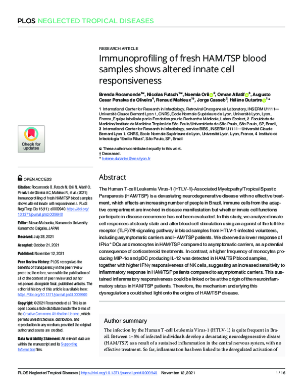 (PDF) Immunoprofiling of fresh HAM/TSP blood samples shows altered ...