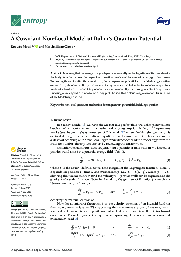 (PDF) A Covariant Non-Local Model of Bohm’s Quantum Potential