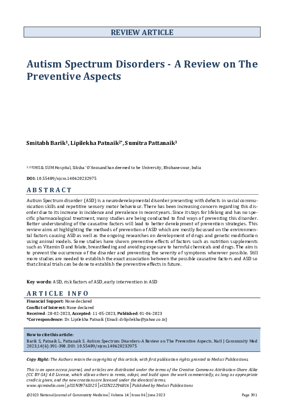 (PDF) Autism Spectrum Disorders-A Review on The Preventive Aspects
