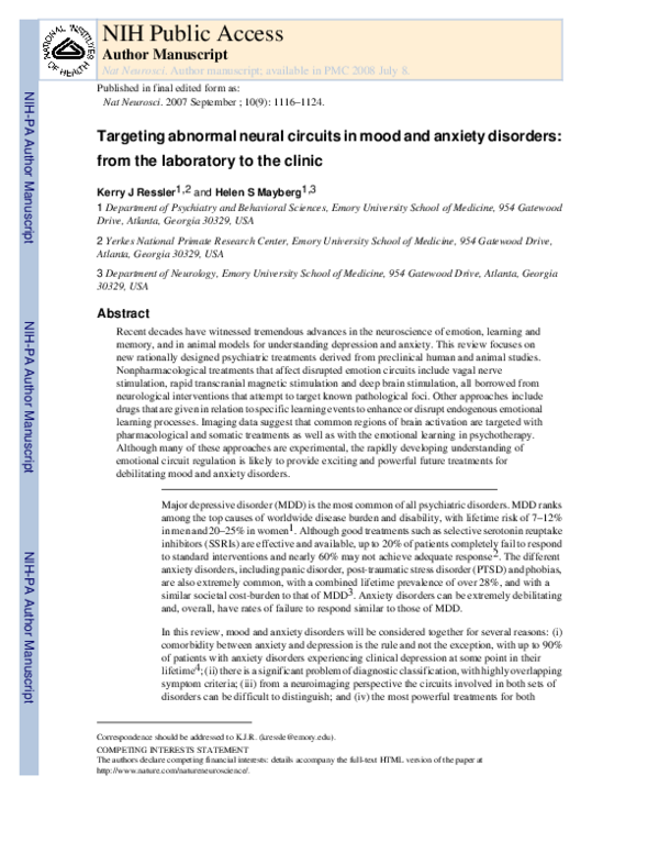 (PDF) Targeting abnormal neural circuits in mood and anxiety disorders: from the laboratory to ...