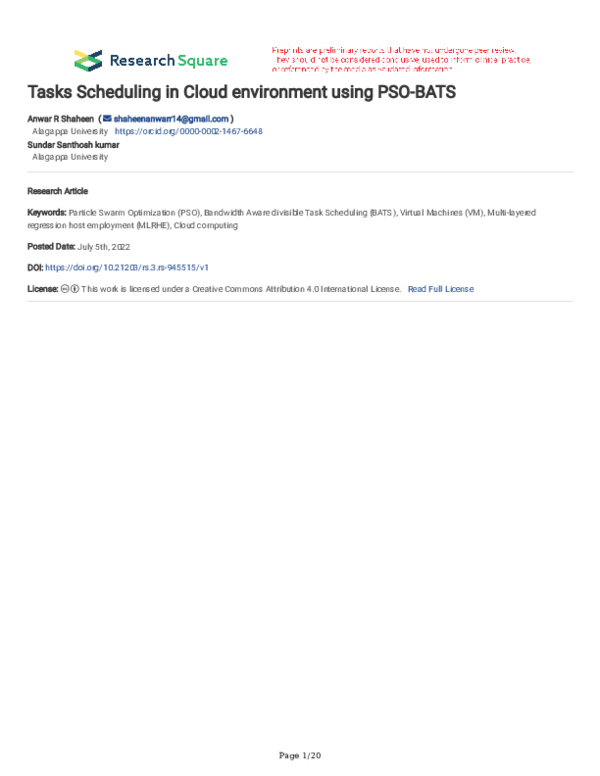 (PDF) Tasks Scheduling in Cloud environment using PSO-BATS