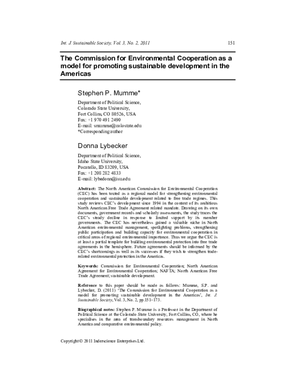 (PDF) The Commission for Environmental Cooperation as a model for ...