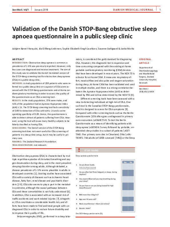 (PDF) Validation of the Danish STOP-Bang obstructive sleep apnoea ...