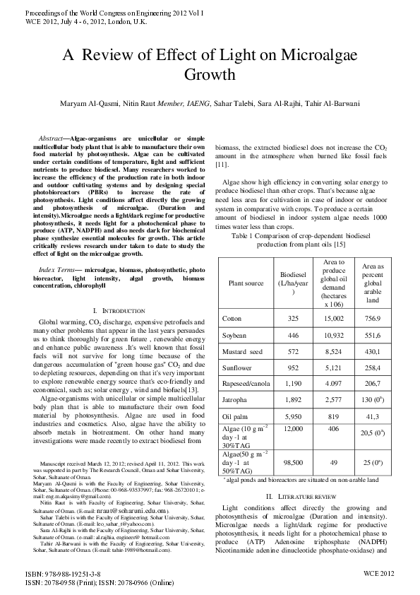 (PDF) A Review of Effect of Light on Microalgae Growth