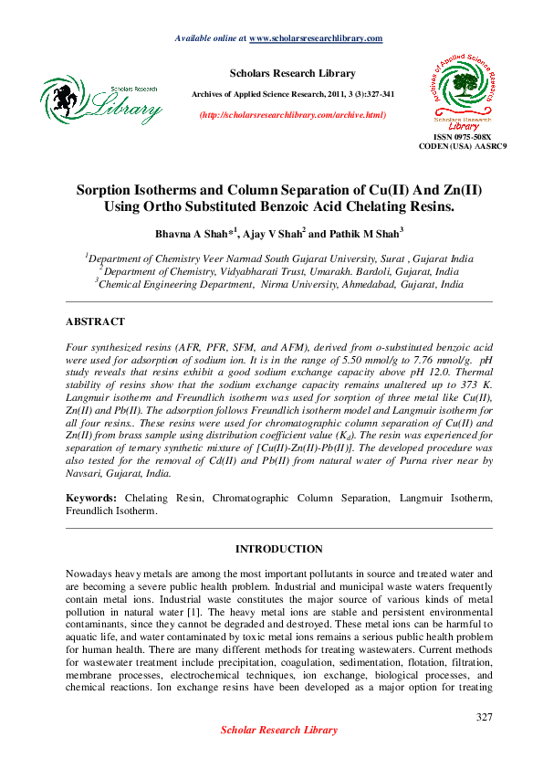(PDF) Sorption Isotherms and Column Separation of Cu(II) And Zn(II) Using Ortho Substituted ...